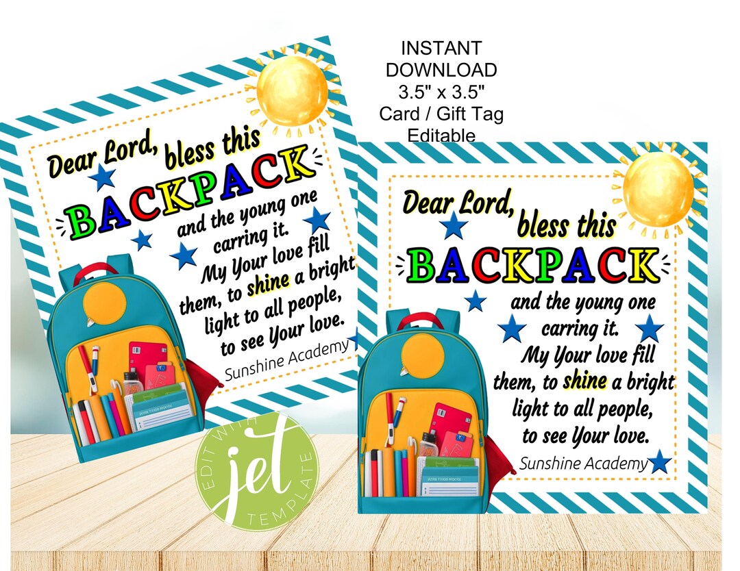 EDITABLE Blessing of the Back Pak, Card 3.5" X 3.5", Religious, Church, Sunday School Backpack ...