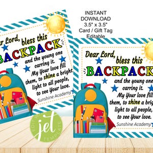 Editable Backpack Blessing Card: School Prayer Gift Tag (digital ...