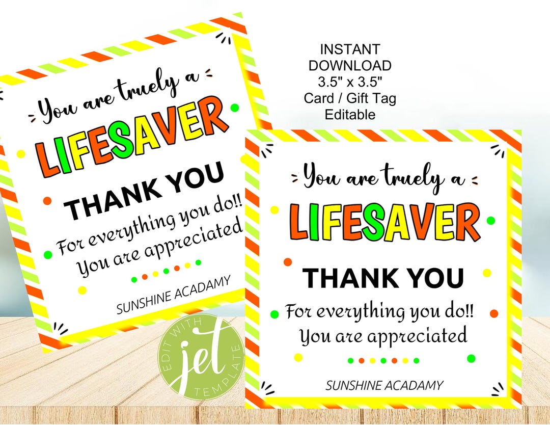 Editable Lifesaver Thank You Gift Tag, We Appreciate You, Teacher ...