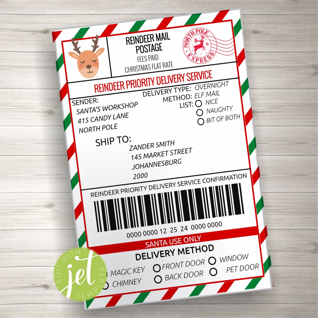 Editable Santa's Workshop Green Postage Label, Printable Reindeer ...