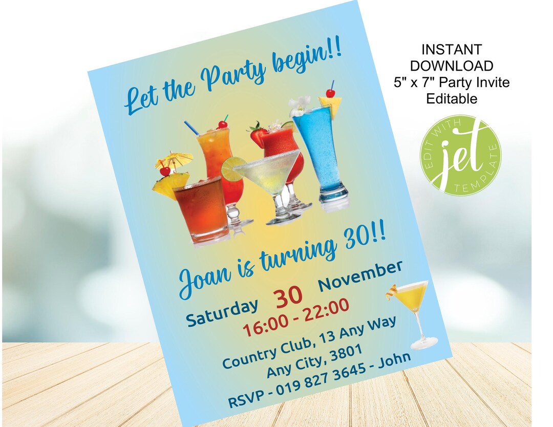 Editable Birthday Invitation Let the Party Begin, Cocktail Party, Any ...