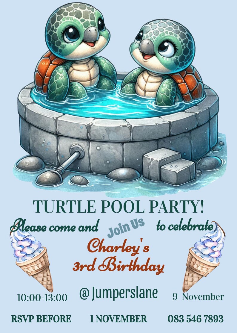 Party Invite, Editable, Printable, Turtle Pool Party Invite, Instant ...