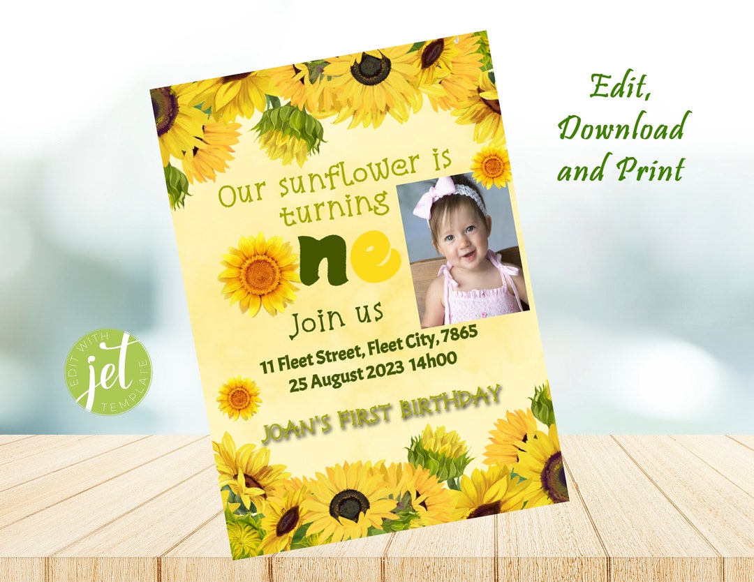 Party Invite, Editable, Printable, Sunflower Invite, First Birthday ...