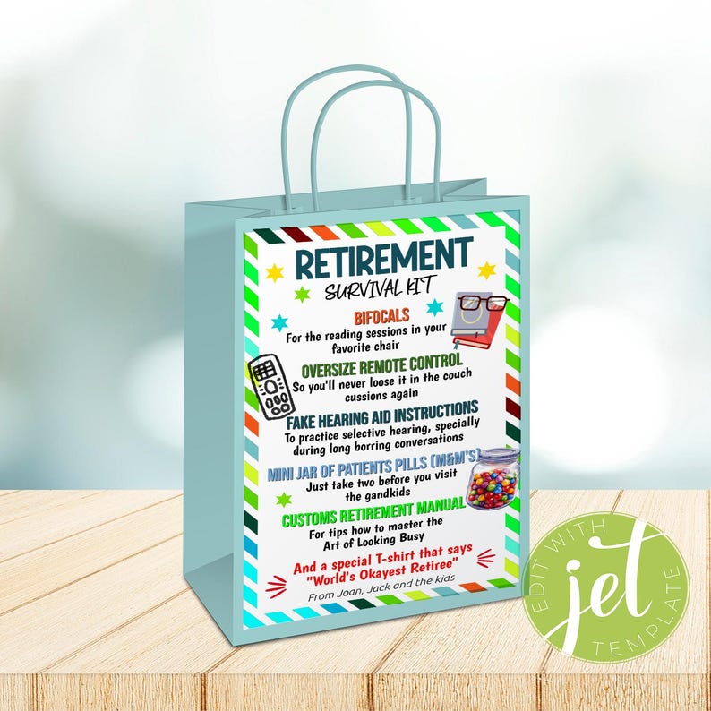Retirement Survival Kit Gift Bag Label, Editable, Retirement Gift Bag ...