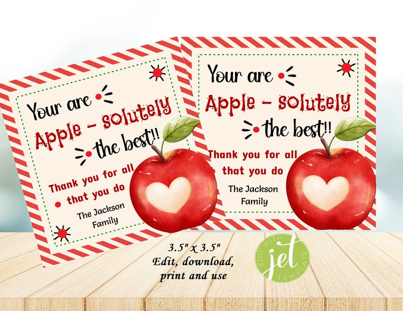 Editable Apple Gift Tags, Apple-solutely the Best, Thank You for All ...