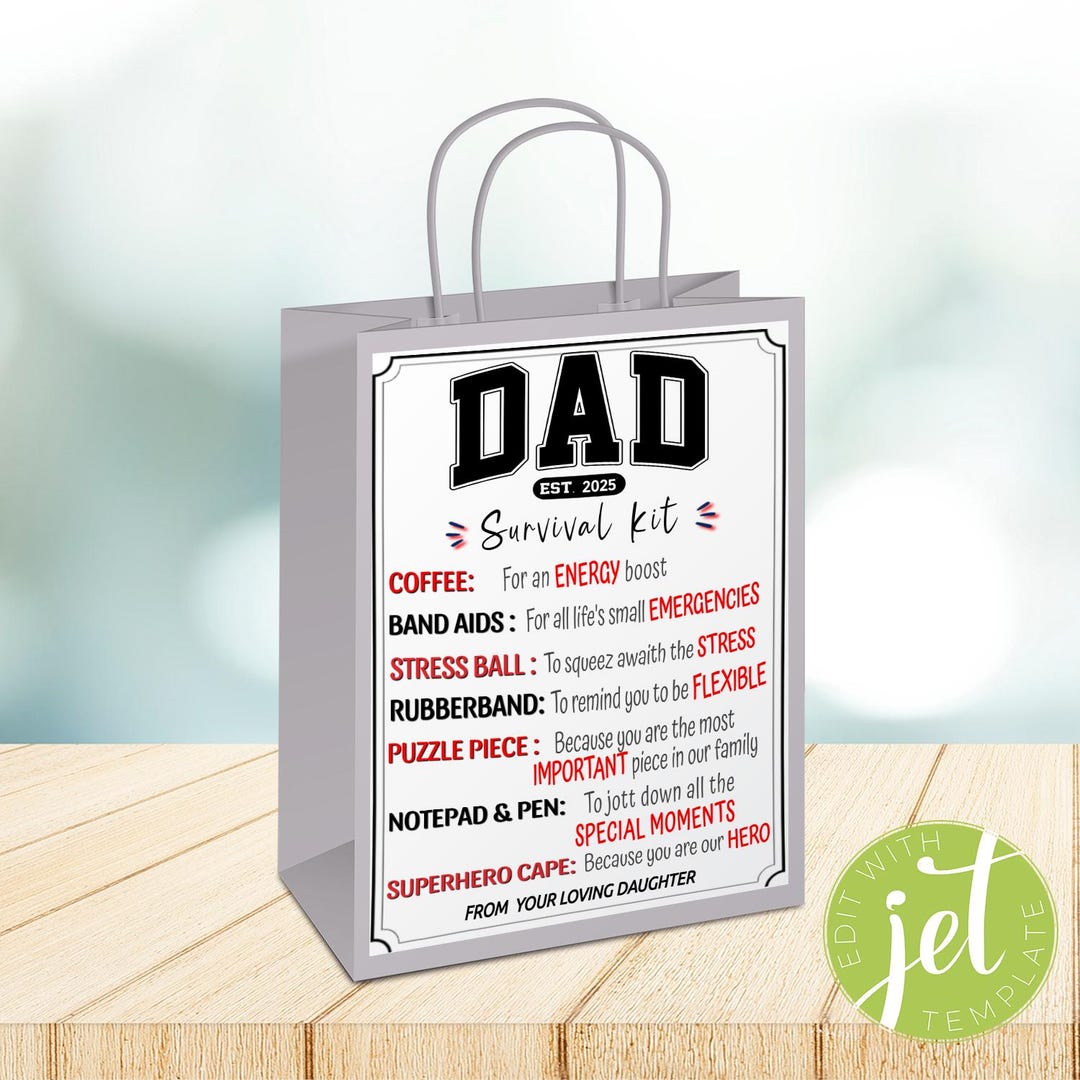 Father's Day Survival Kit Tag, Editable Gift Bag Label (digital ...