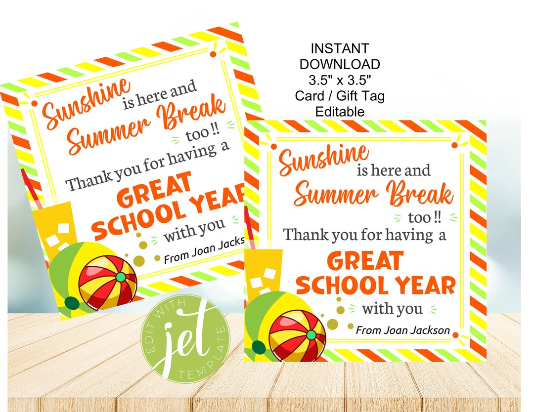 Editable Thank You Teacher Card, Summer Break, Sunshine, Thank You for ...