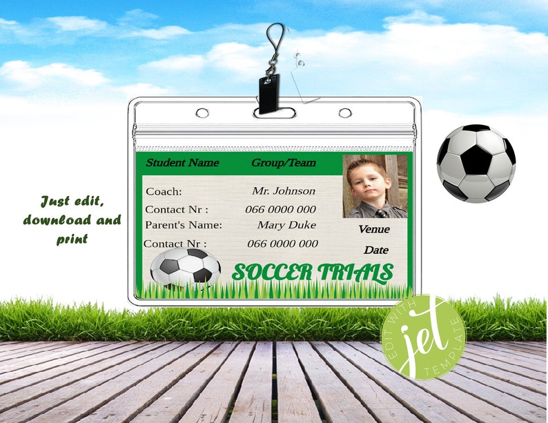 ID Badge, Name Tag, Editable, Printable, Soccer Trails, Photo ID Badge ...