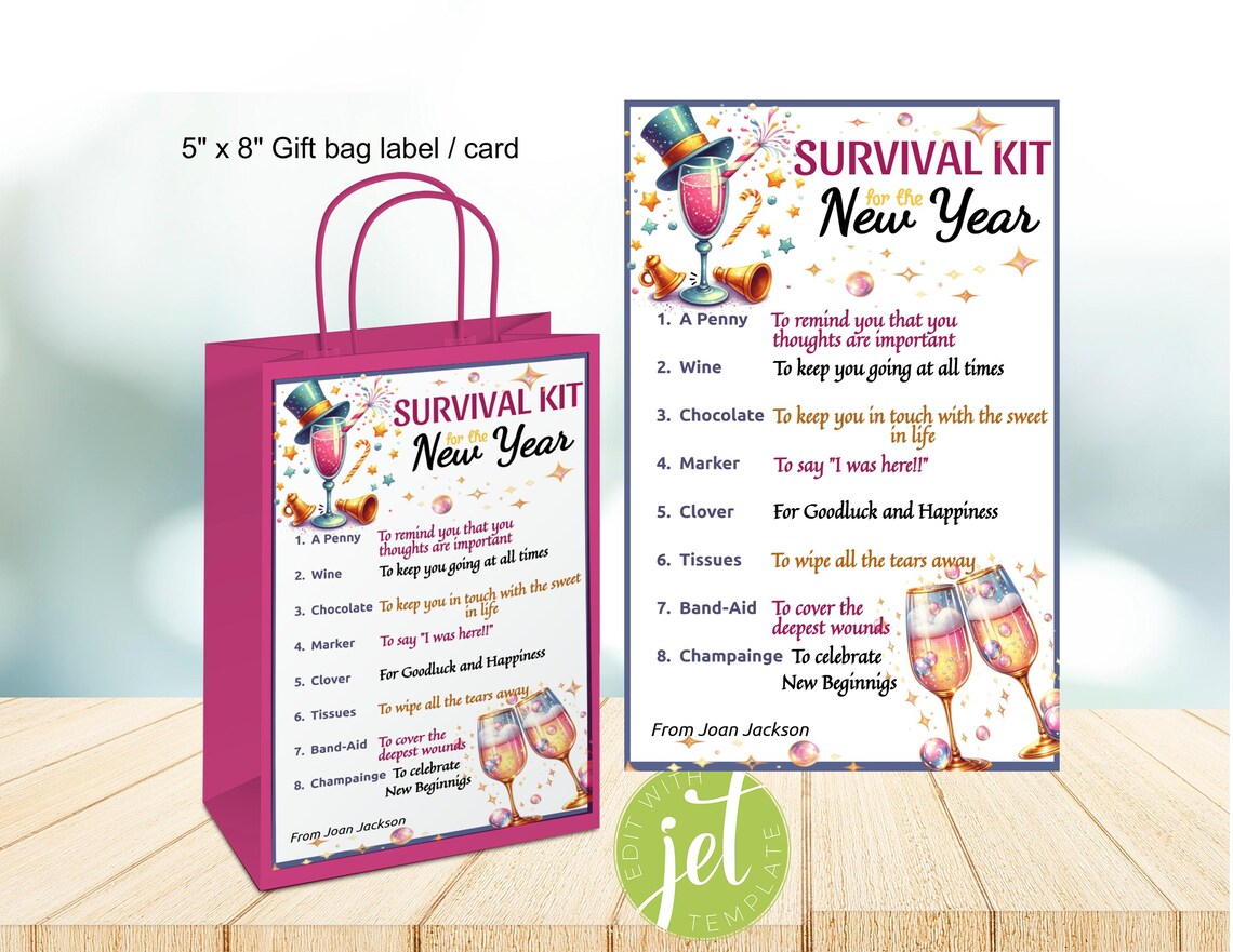 Editable New Year Survival Kit Gift Bag Label, New Year Gift Bag Label ...