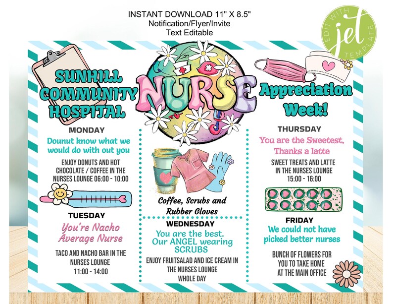 Nurse Appreciation Week Editable Flyer, Week Itinerary, Nurse Care ...