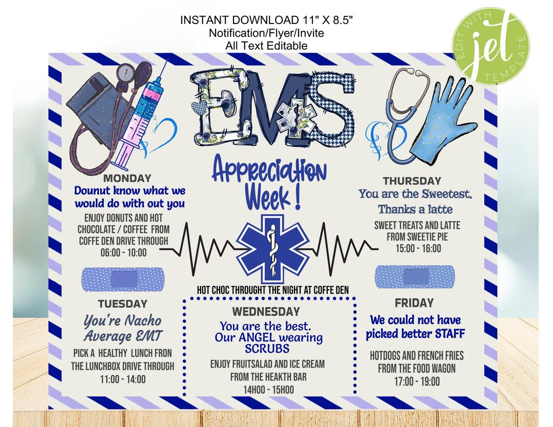 EMS EMT Appreciation Week Editable Flyer, Week Itinerary, EMT Care ...