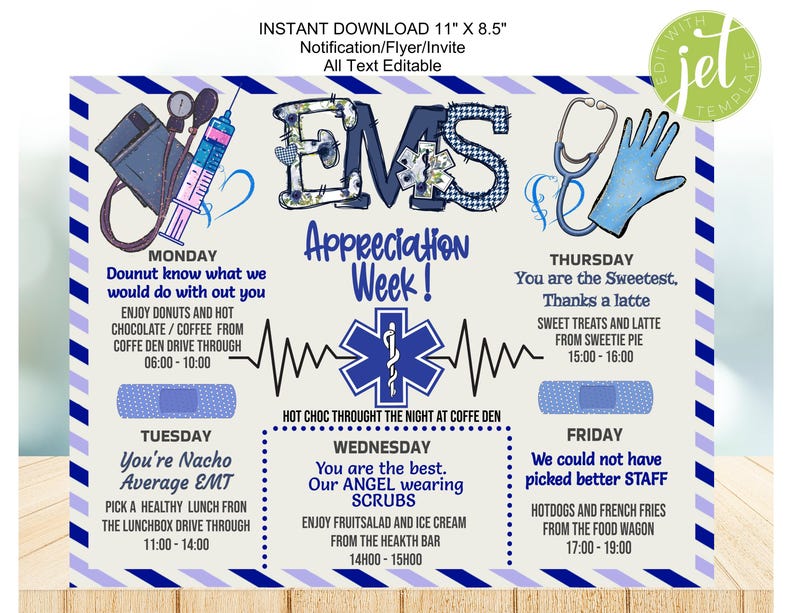 EMS EMT Appreciation Week Editable Flyer, Week Itinerary, EMT Care ...