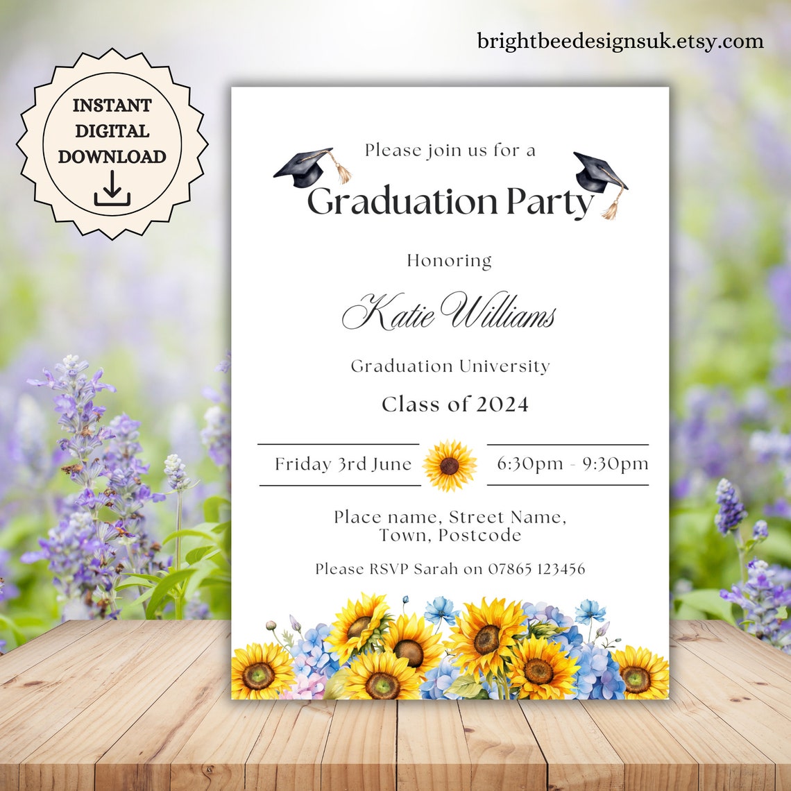 Printable Graduation Party Invitation Template, Editable Sunflower ...