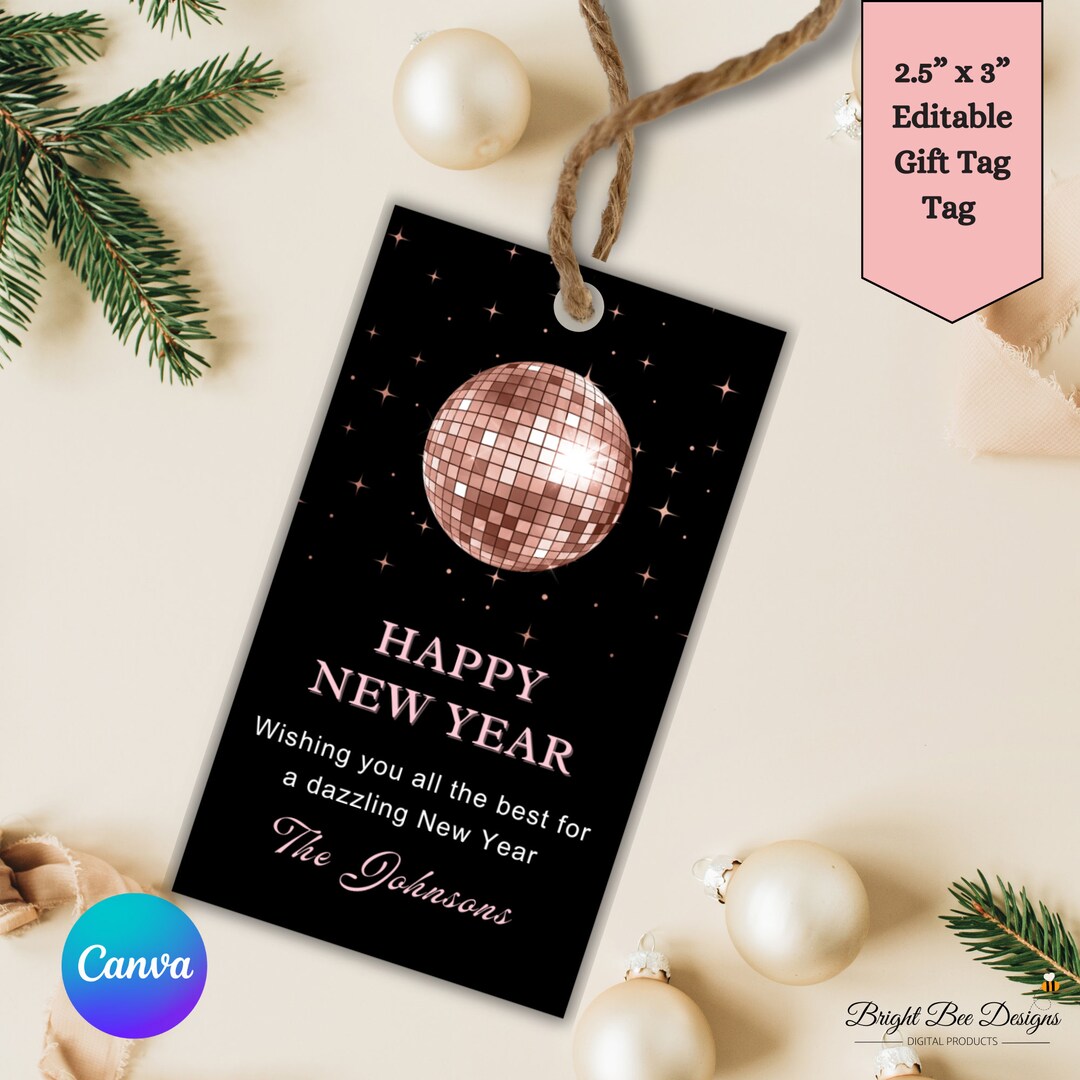 Editable New Years Eve Gift Tag, Black and Rose Gold New Year Favor ...