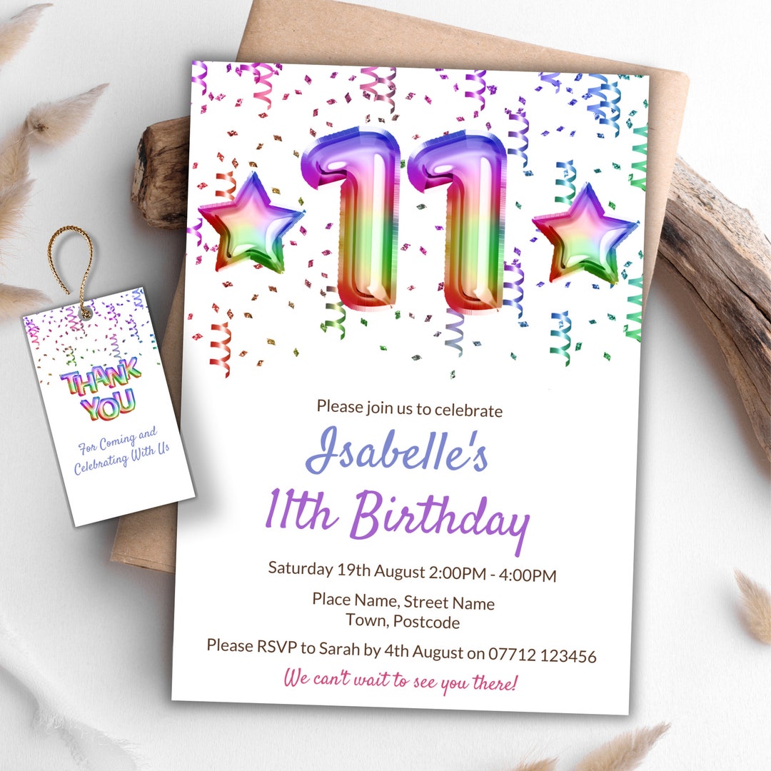 Girls 11th Birthday Invitation Template, Printable 11th Birthday Party ...