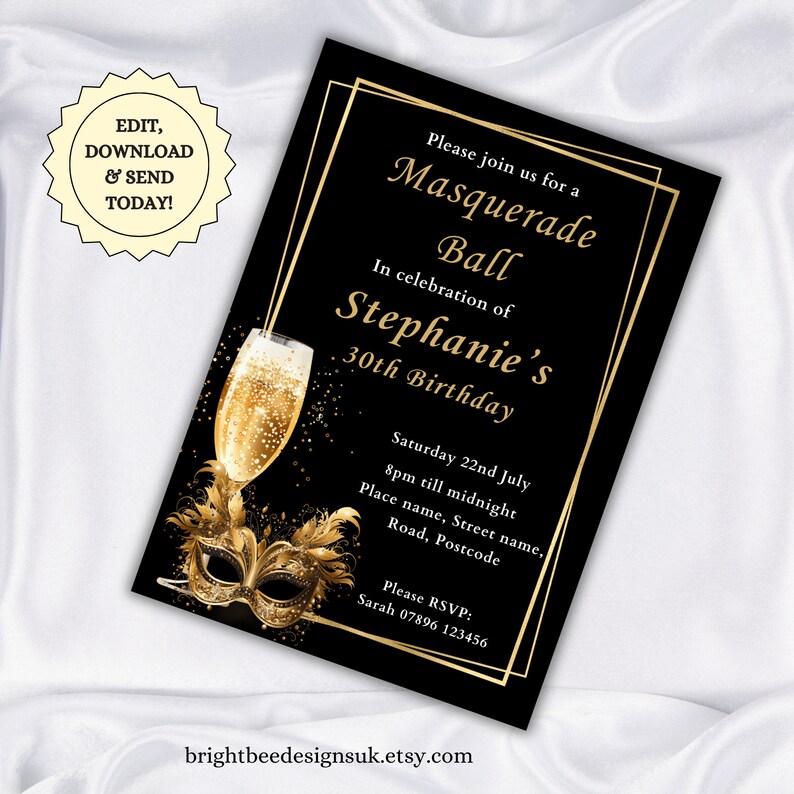 Printable Masquerade Ball Invitation, Editable Adult Black Tie Birthday ...