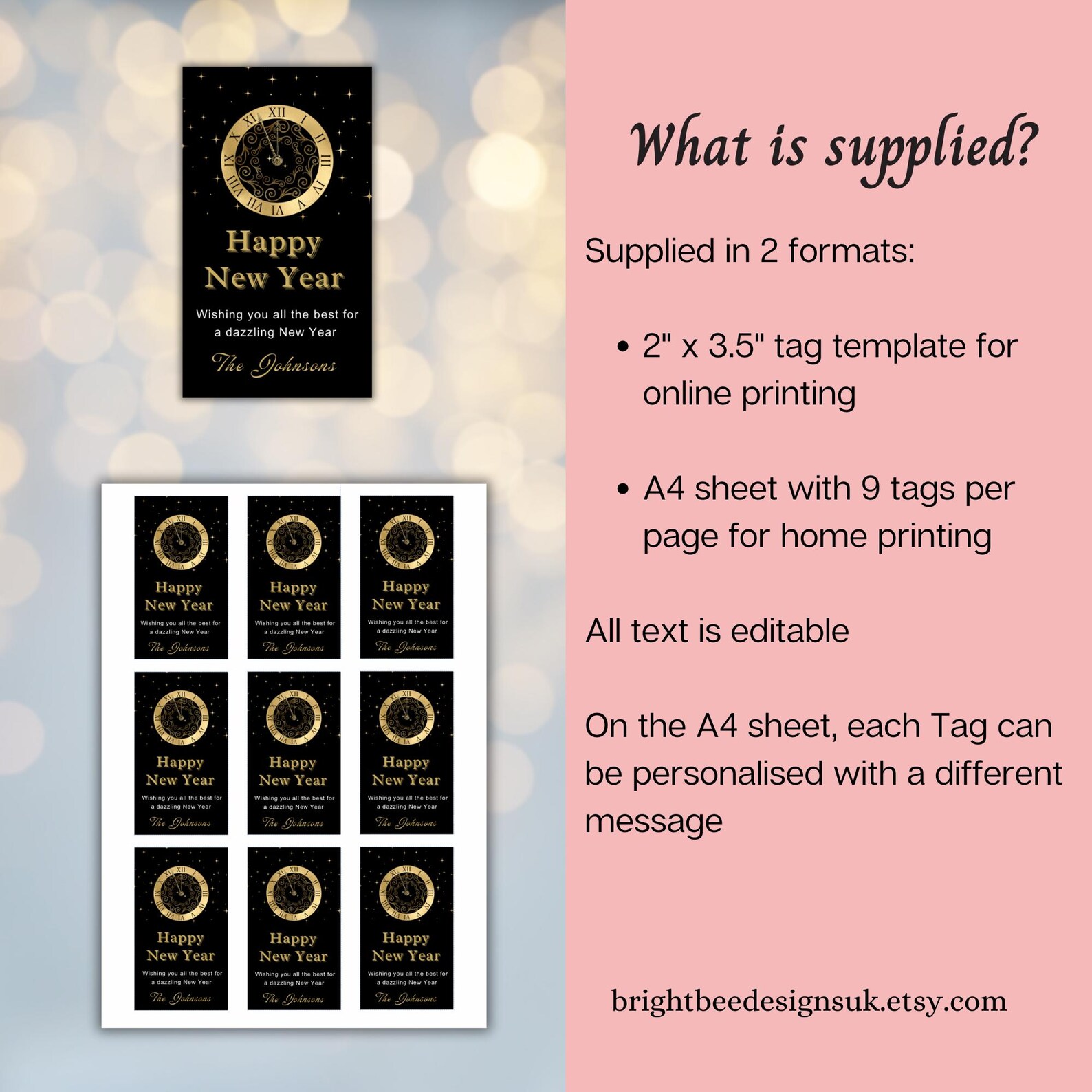 Happy New Year Gift Tag, Printable Black and Gold Party Favor Thank You ...