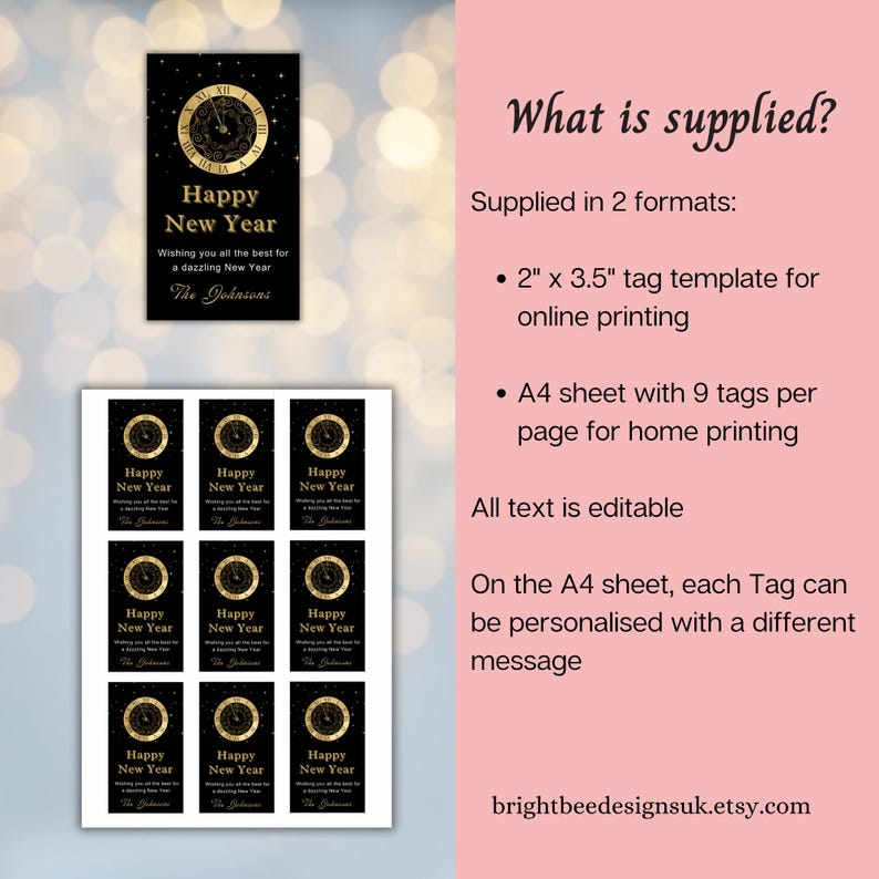 Happy New Year Gift Tag, Printable Black and Gold Party Favor Thank You ...