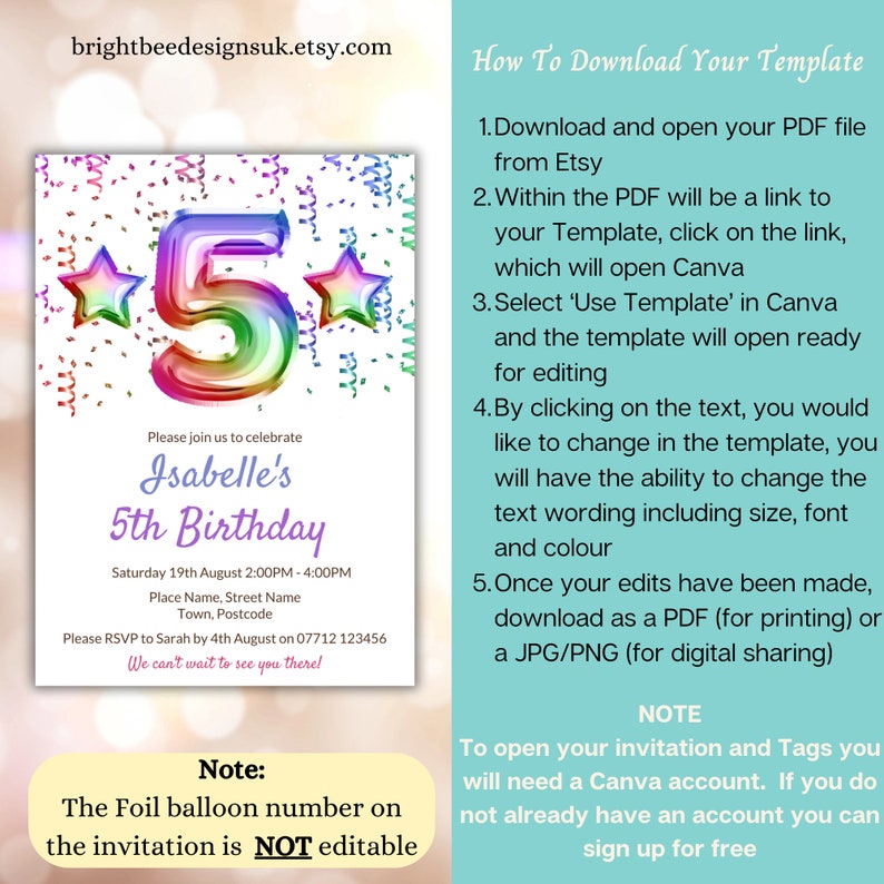Printable 5th Birthday Invitation, Customisable Rainbow Balloon Fifth ...