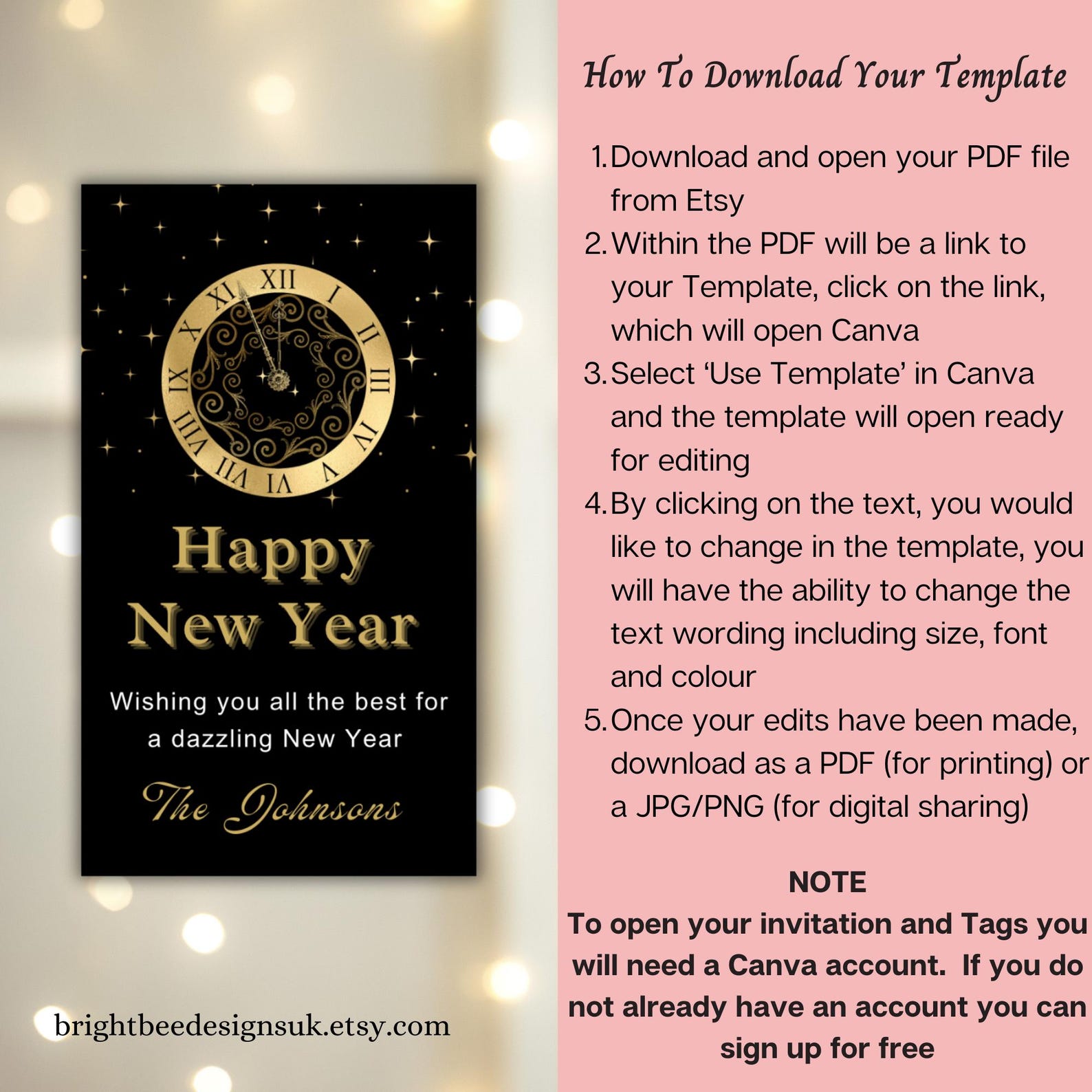 Happy New Year Gift Tag, Printable Black and Gold Party Favor Thank You ...