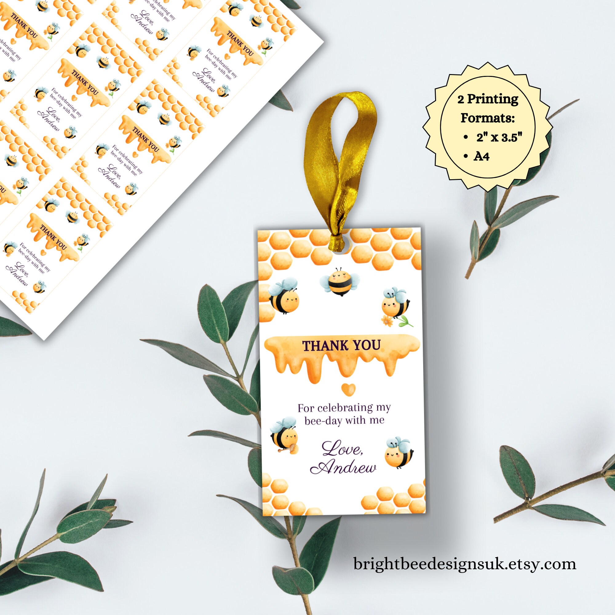Honey Bee Thank You Tag, Printable Kids Birthday Party Favor Gift Tag ...