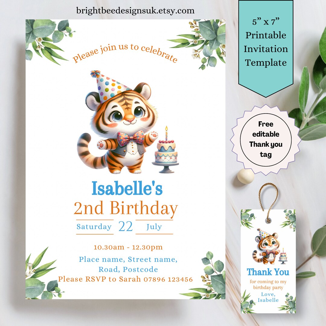Printable Cute Tiger Birthday Party Invitation Template, Animal Party ...