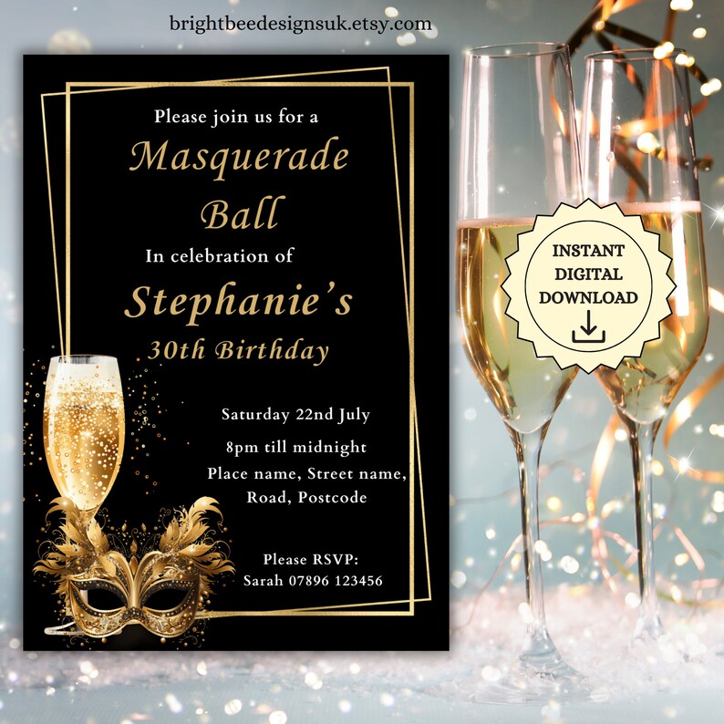 Printable Masquerade Ball Invitation, Editable Adult Black Tie Birthday ...