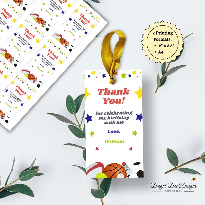 Printable Sports Party Favor Tag, Sporty Birthday Party Thank You Tag ...
