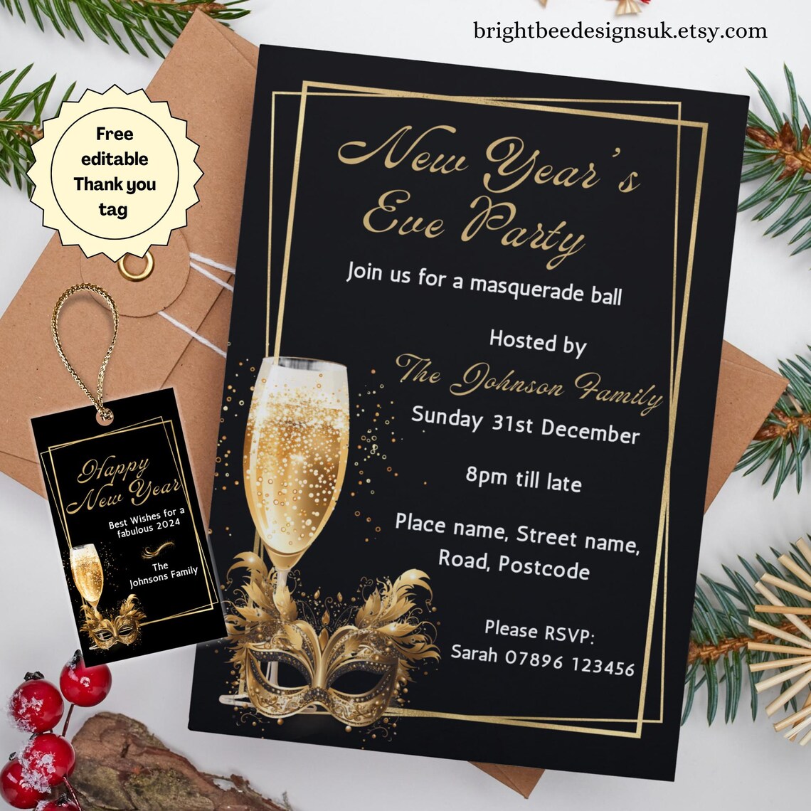 New Years Eve Party Invitation, Printable NYE Masquerade Ball Invite ...