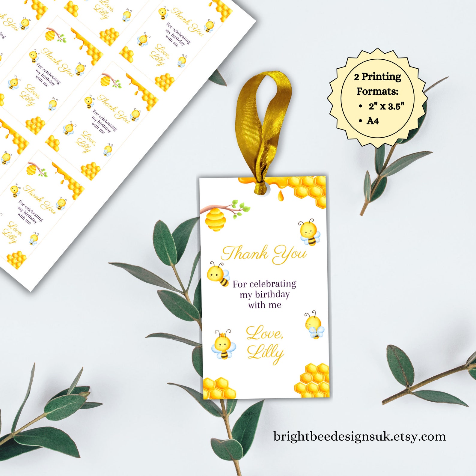 Bee Thank You Gift Tag, Printable Kids Birthday Party Favor Tag, Honey ...