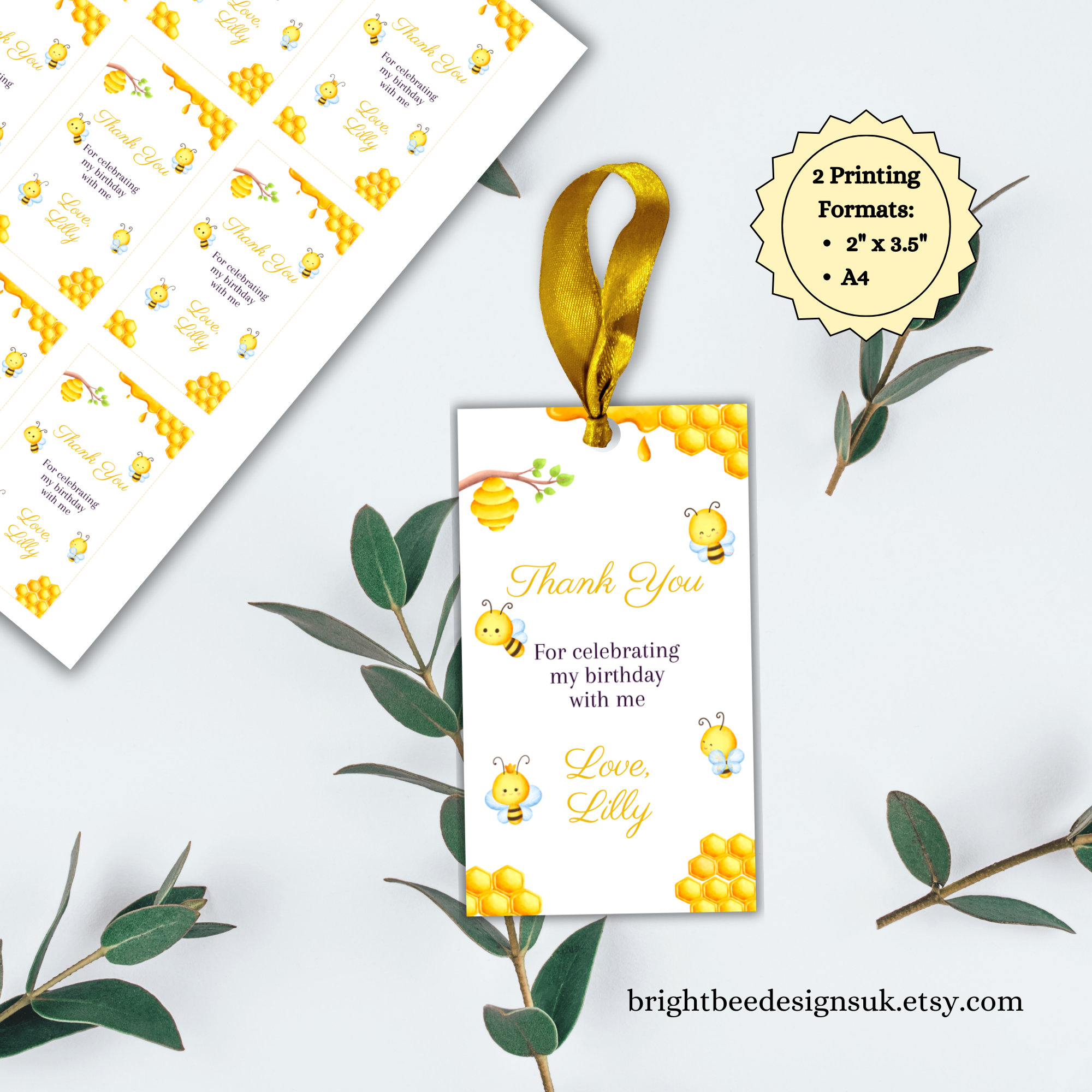 Bee Thank You Gift Tag, Printable Kids Birthday Party Favor Tag, Honey ...