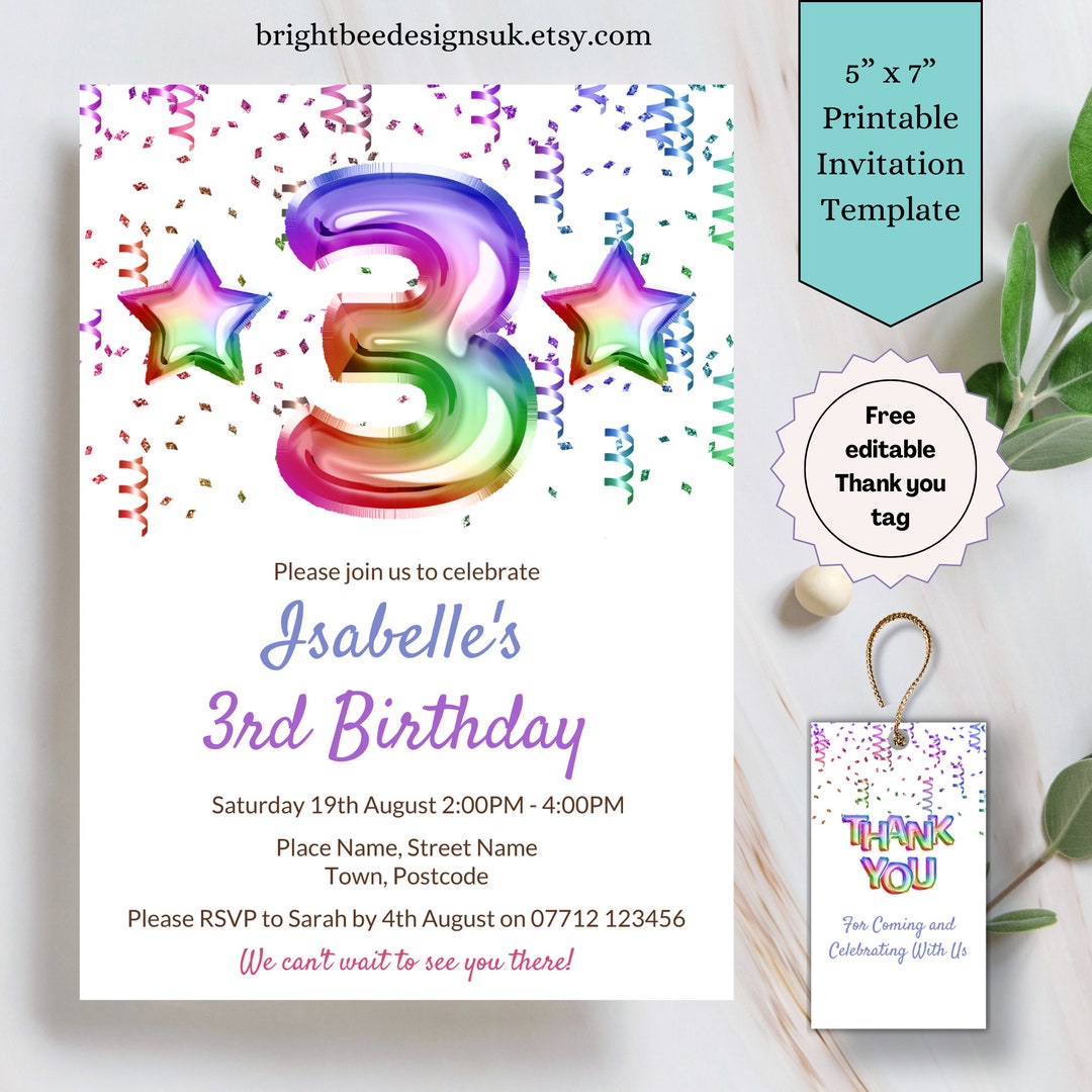 Editable Rainbow 3rd Birthday Invitation Template, Rainbow Foil Third ...