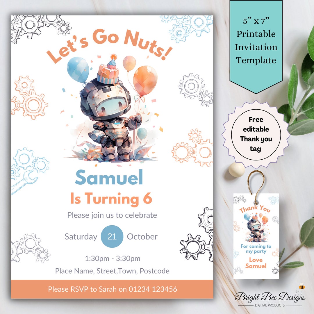 Robot Birthday Invitation Template, Editable Party Invitation Boys ...