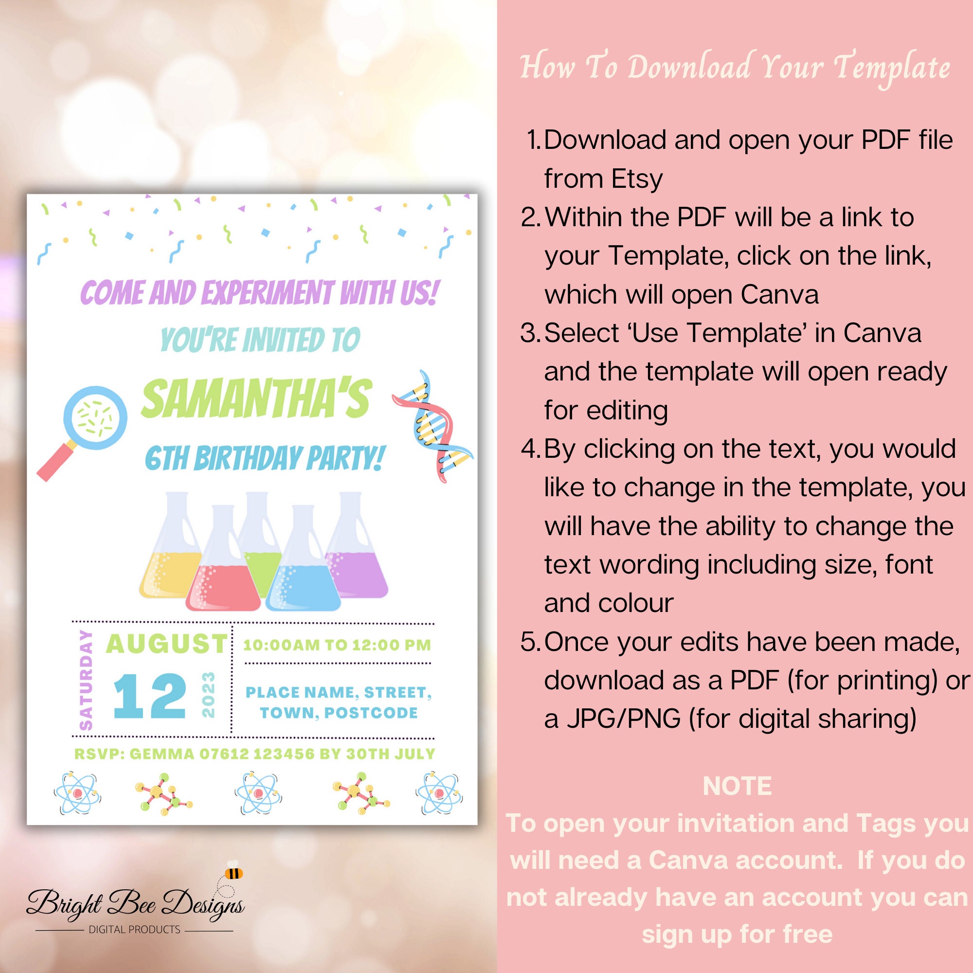 Editable Girls Science Birthday Party Invitation Template, Printable ...