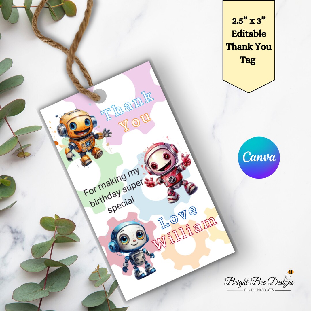Robot Printable Thank You Tag Template, Kids Birthday Party Favor Gift ...