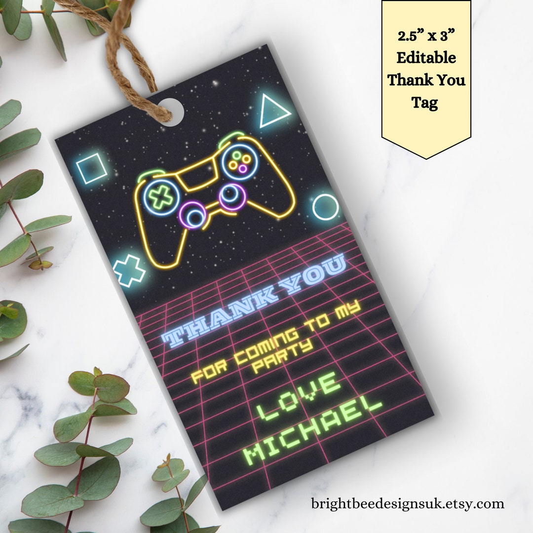 Editable Gamer Thank You Tag, Printable Neon Game Controller Birthday ...