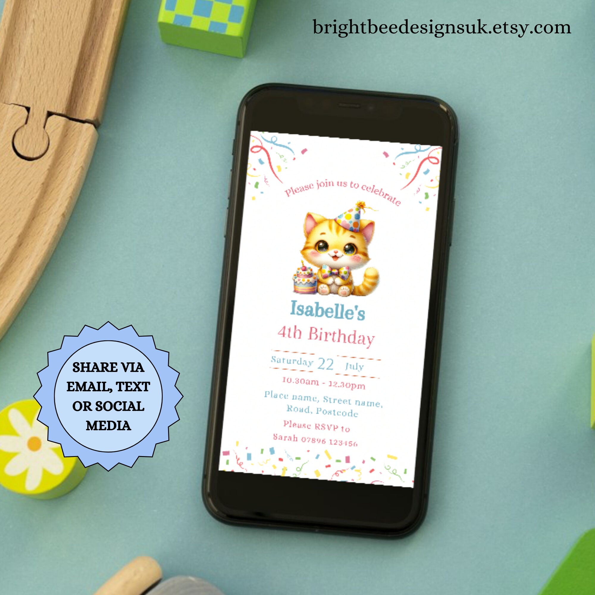 Digital Cat Birthday Party Invitation Template, Editable Kids Kitten ...