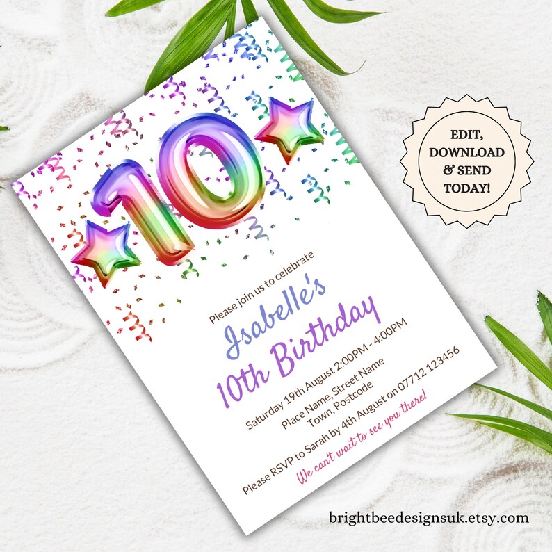 10th Birthday Invitation Template, Editable 10th Birthday Party Invite ...