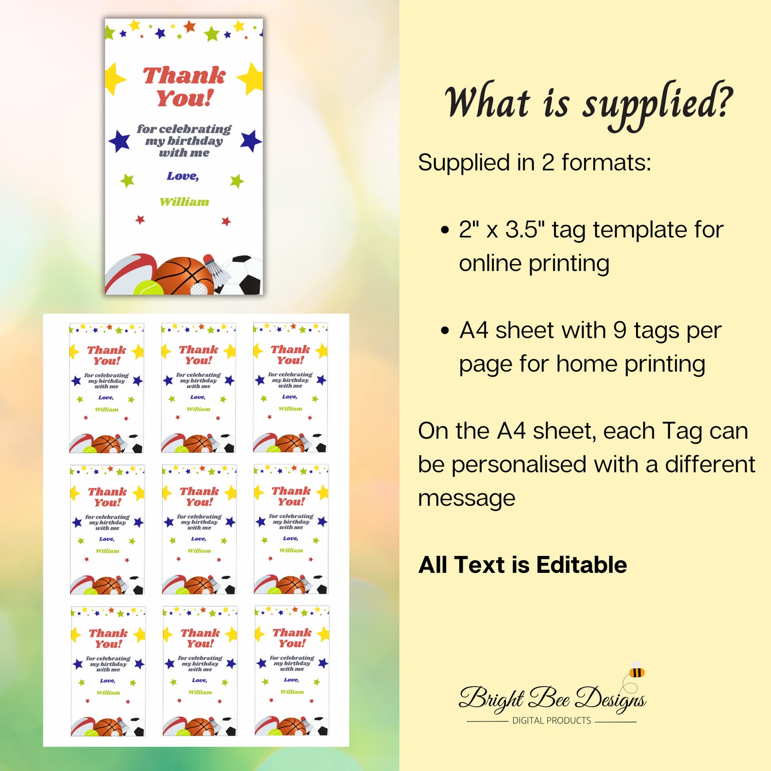 Printable Sports Party Favor Tag, Sporty Birthday Party Thank You Tag ...