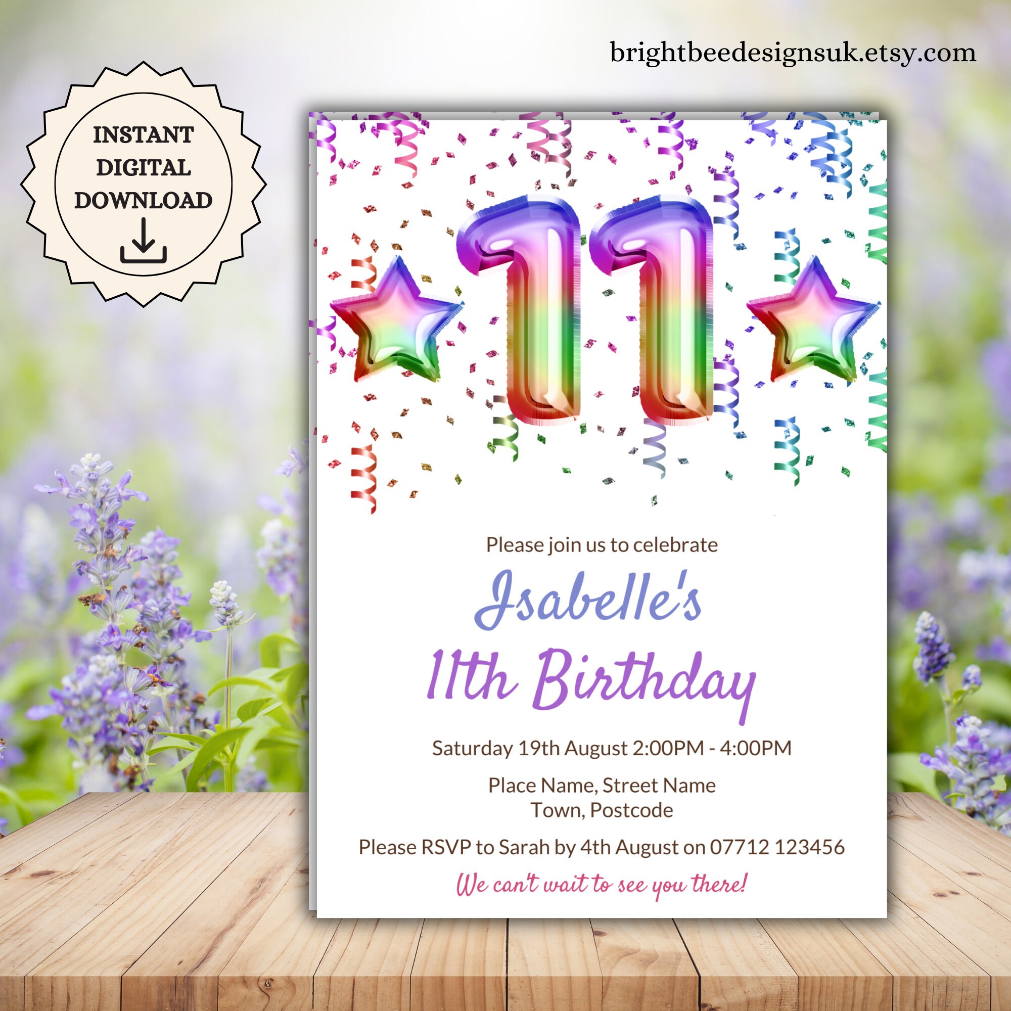 Printable 11th Birthday Invitation, Editable Girls Rainbow Party Invite ...