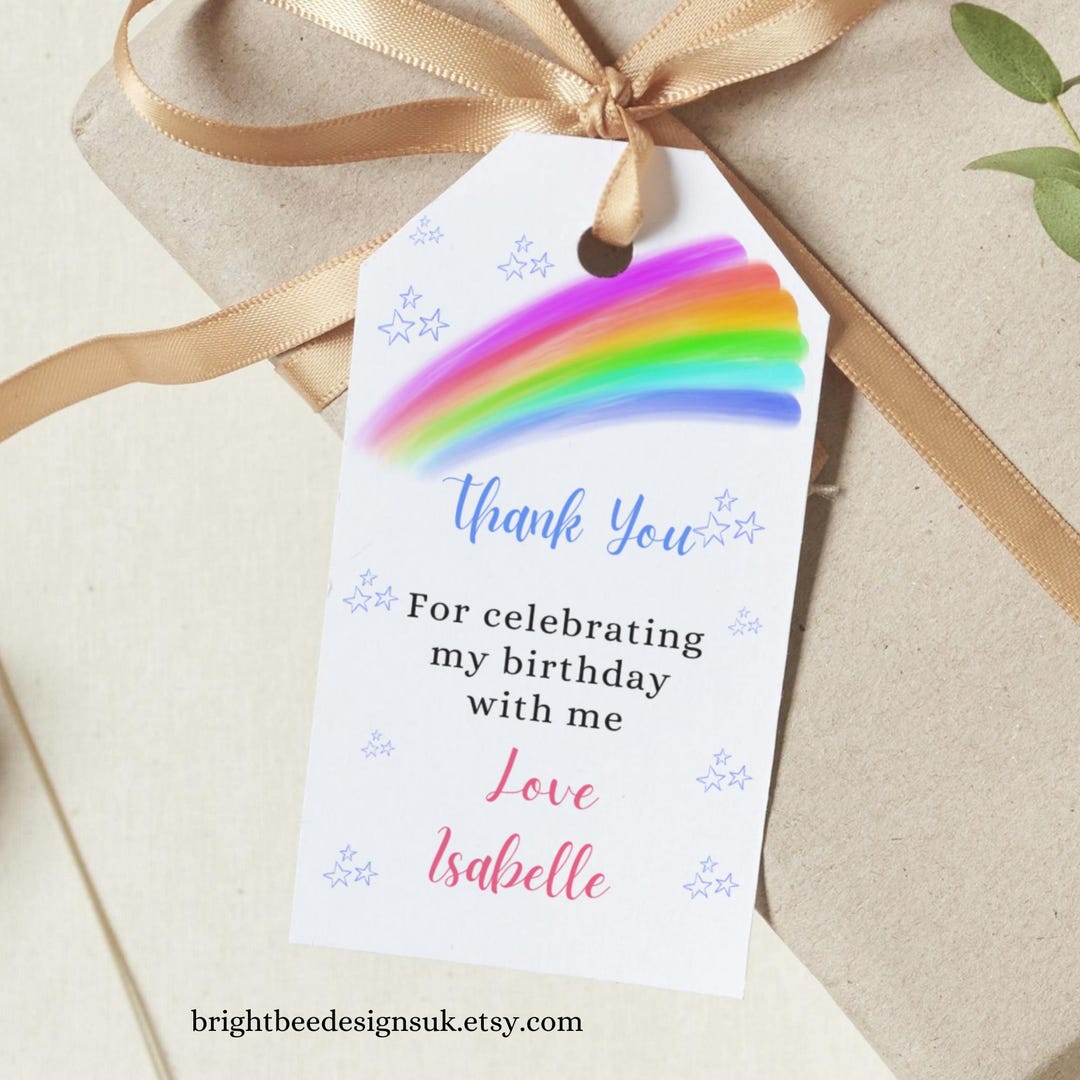 Personalised Rainbow Birthday Gift Tag, Editable Kids Star Party Favor ...