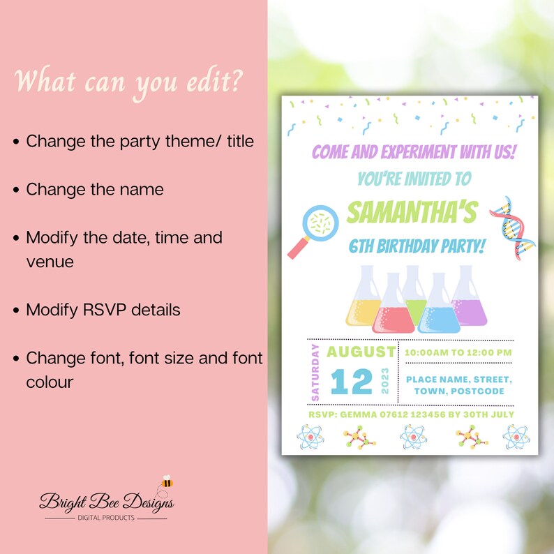 Editable Girls Science Birthday Party Invitation Template, Printable ...