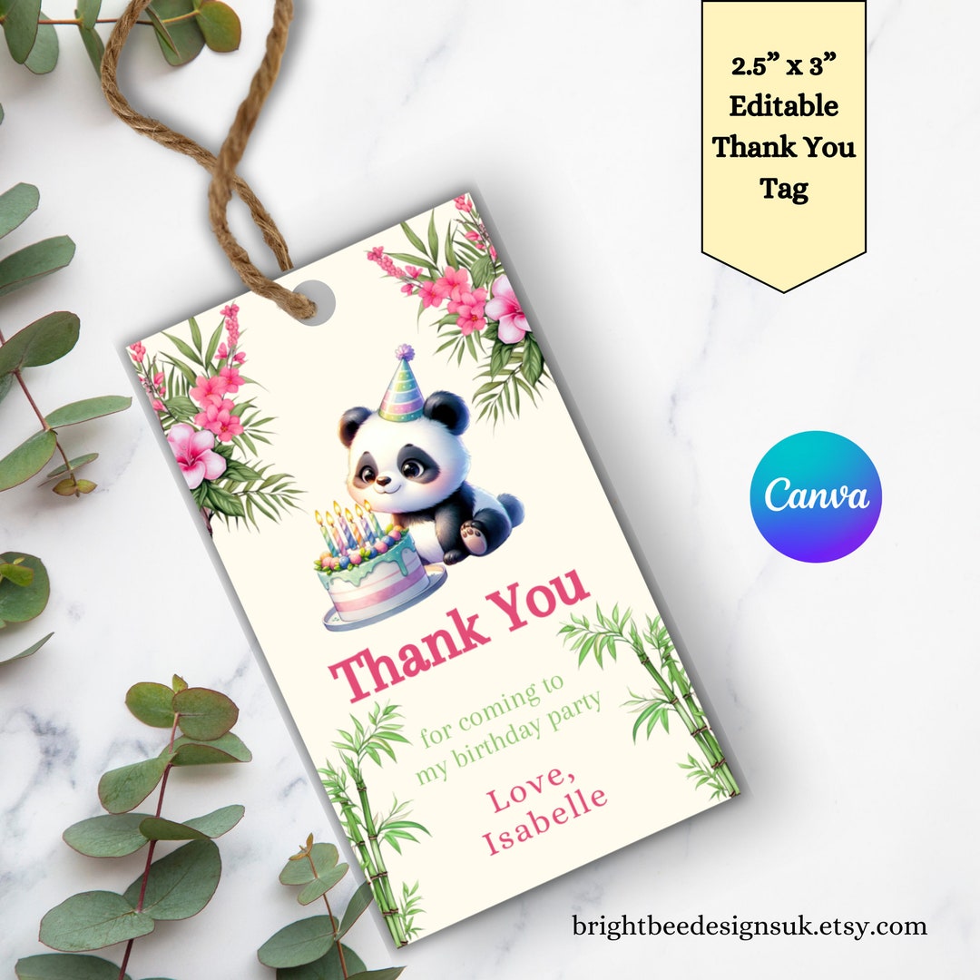 Printable Cute Panda Thank You Tag, Girls Birthday Party Favor Gift Tag ...