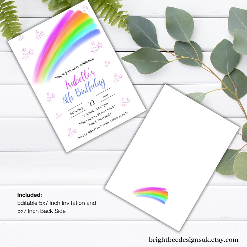 Rainbow Birthday Invitation Template, Girls Rainbow Party Invite, Printable Kids Rainbow ...