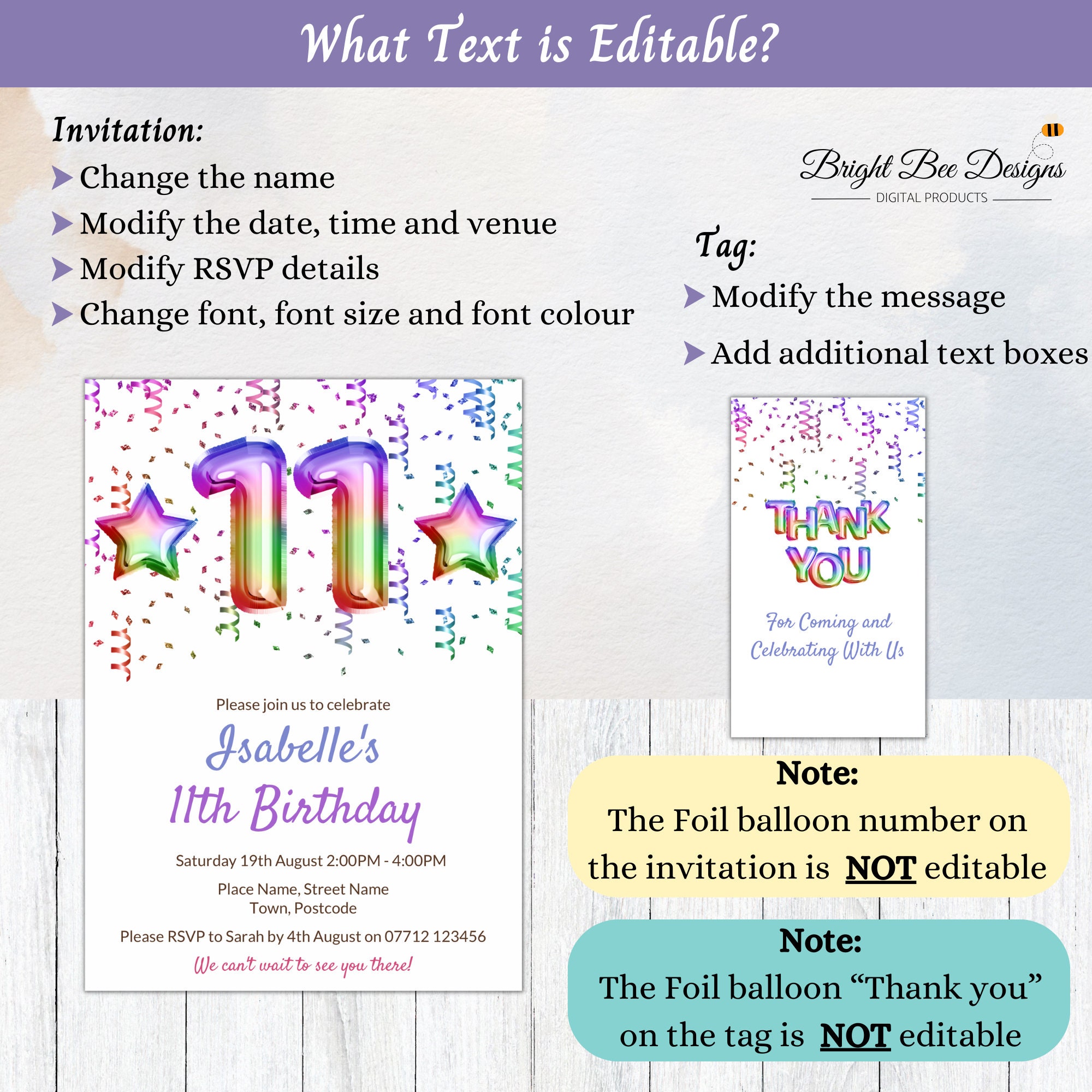 Editable 11th Birthday Invitation Template Rainbow Glitter Etsy