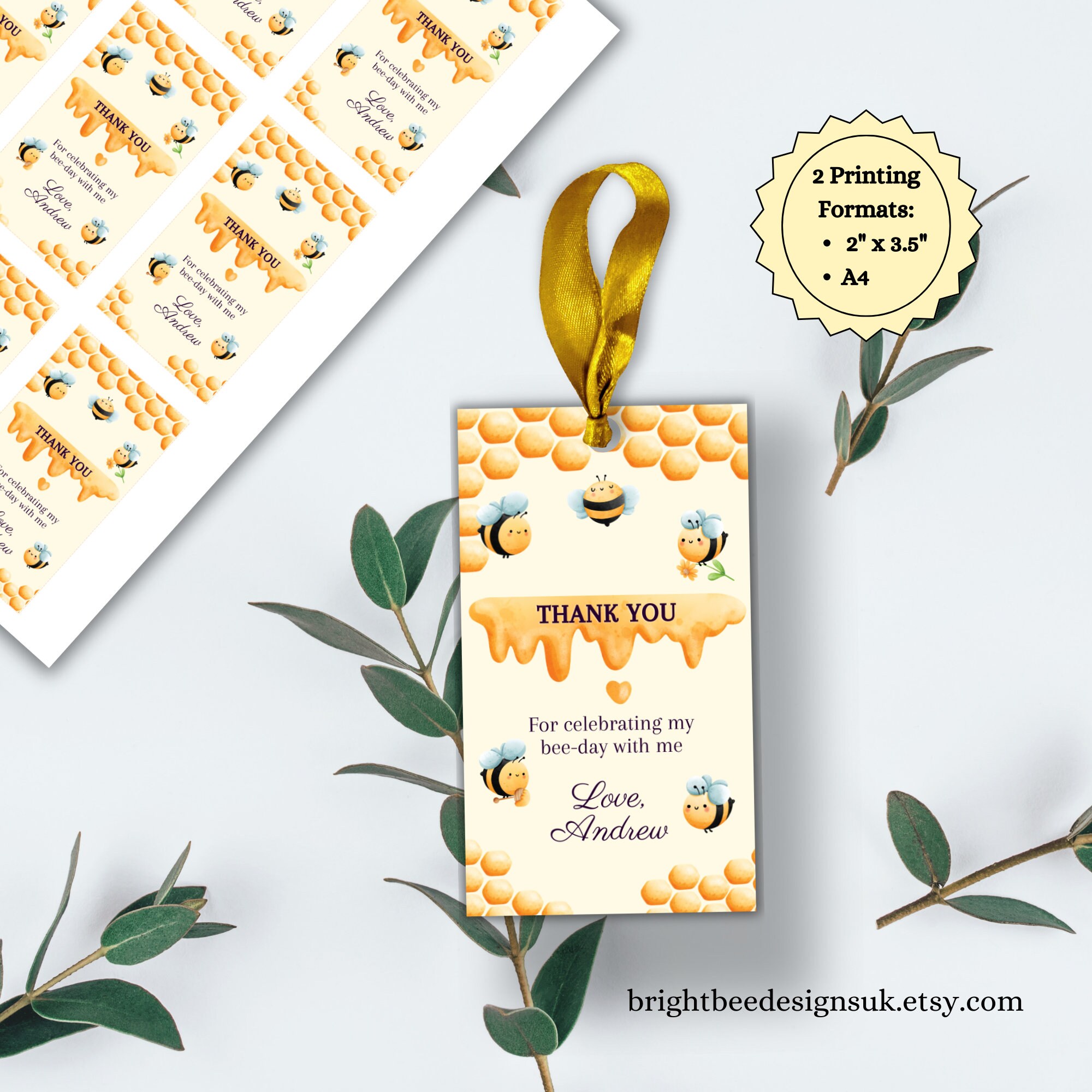 Printable Honey Bee Thank You Tag, Kids Birthday Party Favor Gift Tag ...
