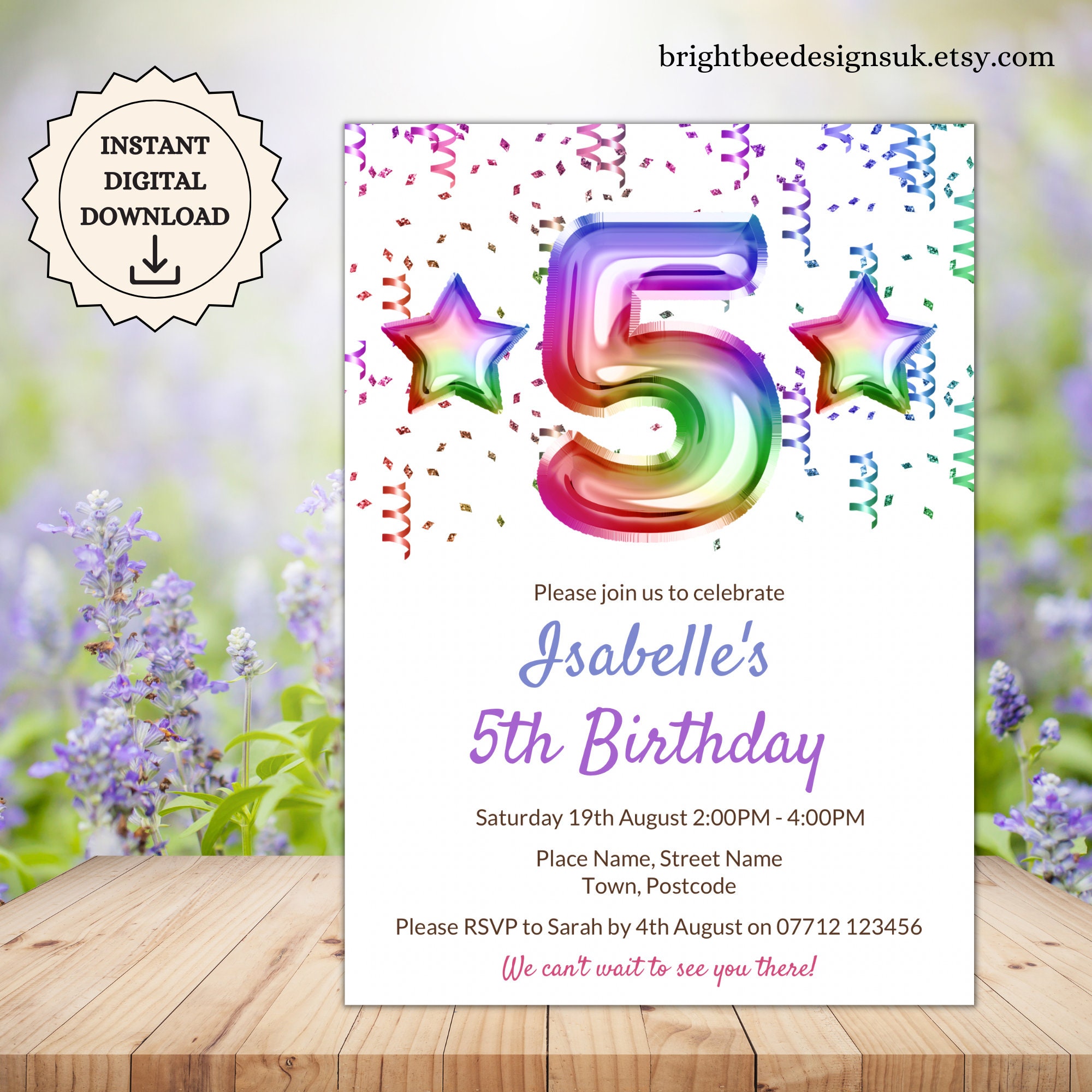 Printable 5th Birthday Invitation, Customisable Rainbow Balloon Fifth ...