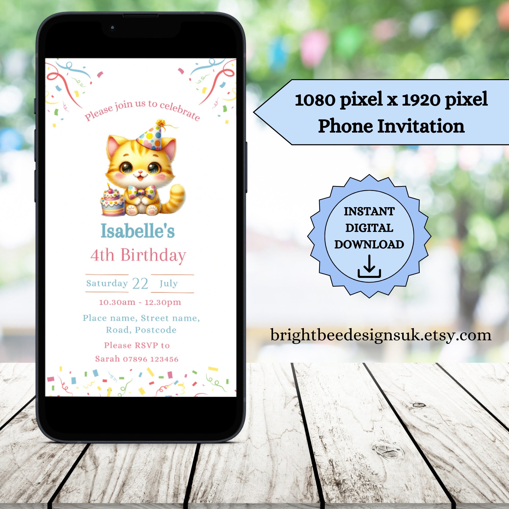 Digital Cat Birthday Party Invitation Template, Editable Kids Kitten ...