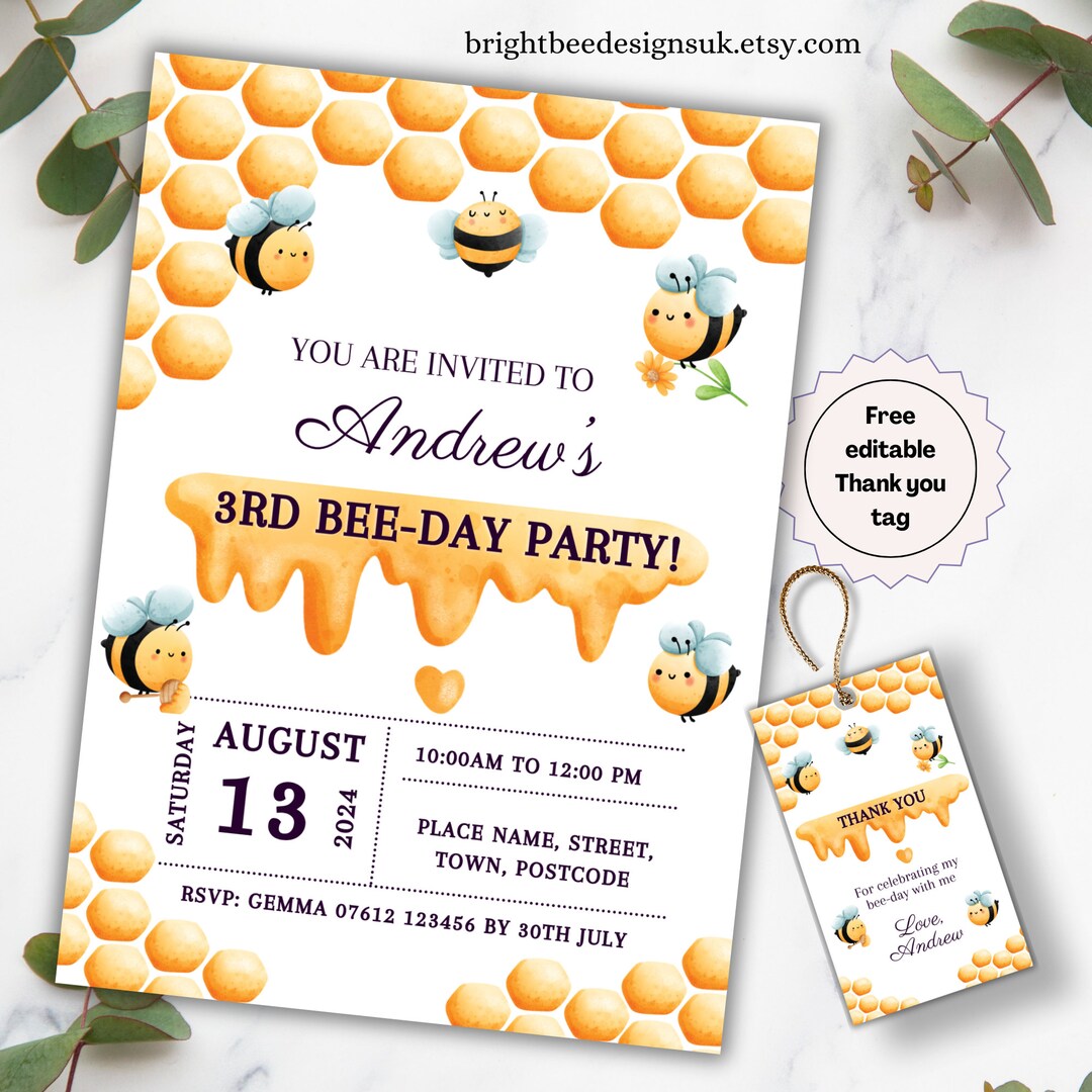 Bee Birthday Party Invitation, Editable Honey Bee Invite Template ...
