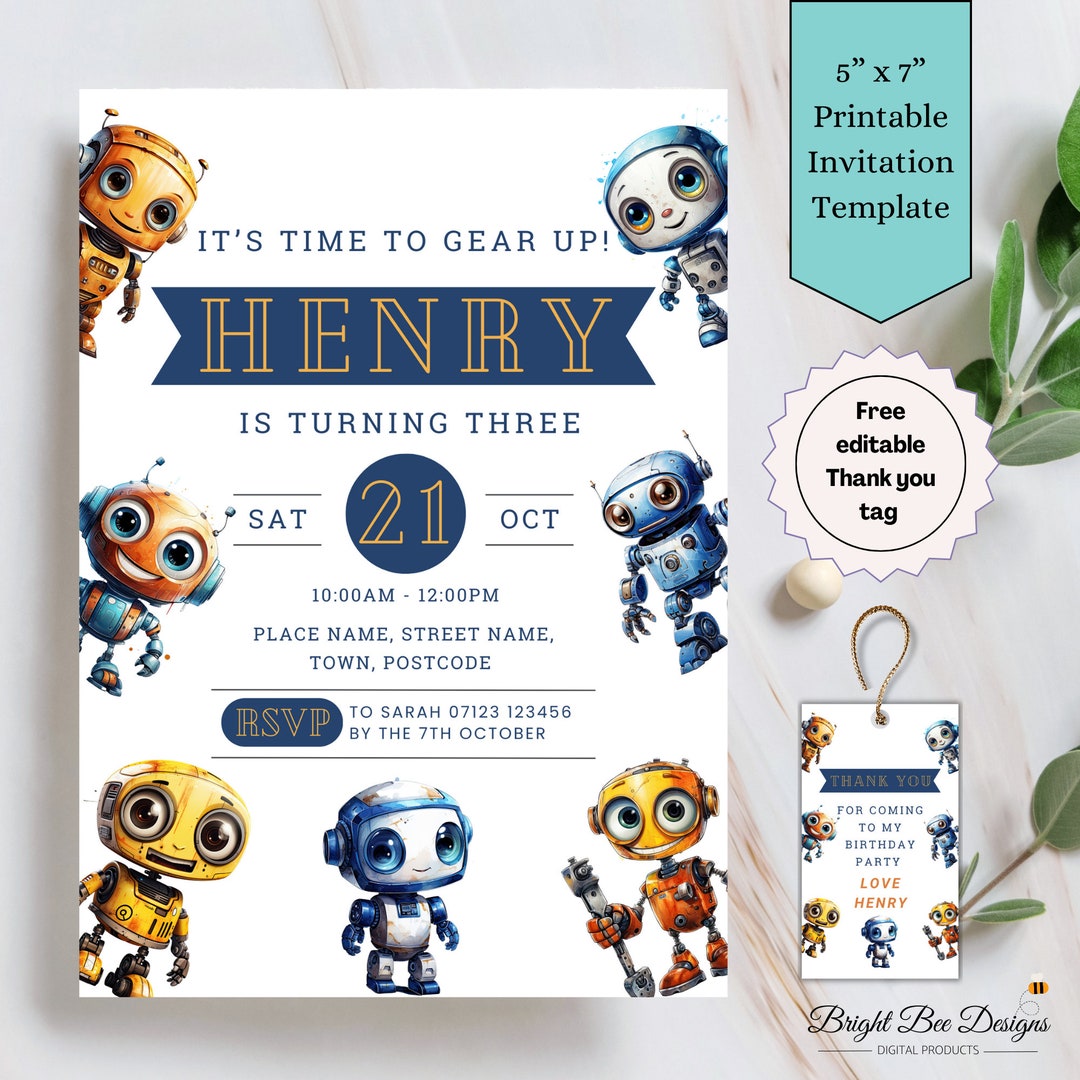 Robot Birthday Invitation Template, Editable Robot Party Invite, Boy ...
